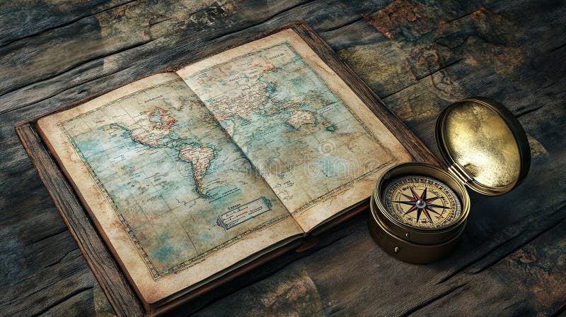 Open Map with a Compass and Travel Journal on a Rustic Table . Stock ...