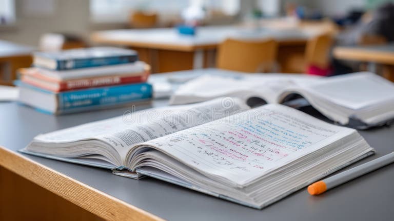Open Math Book with Colorful Notes on Classroom Desk in Empty Study ...