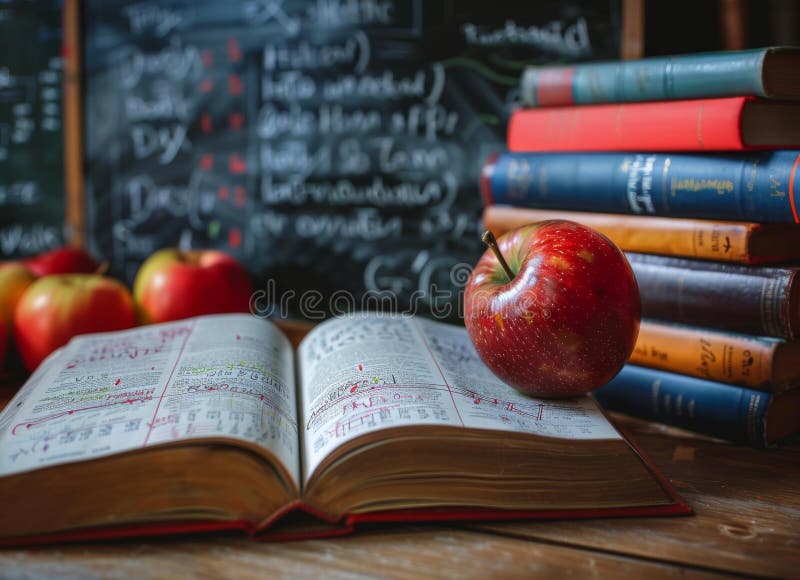 Open Book with Math Equations and Apples on Wooden Desk, Educational ...