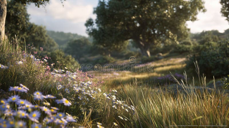 Open Meadow Path with Purple Stock Illustration - Illustration of ...