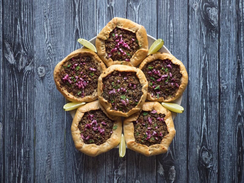 Open Meat Pies on Dark Wooden Background. Top View Stock Image - Image ...