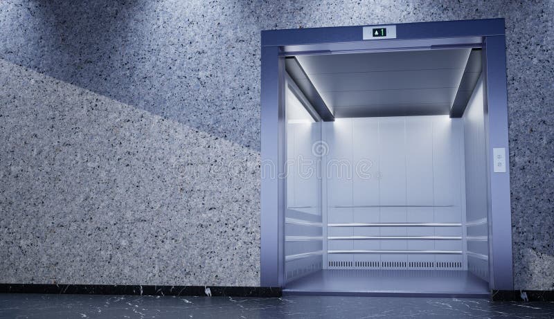 Open Metallic Silver Elevator with Concrete Wall, Inside Elevator Pov ...