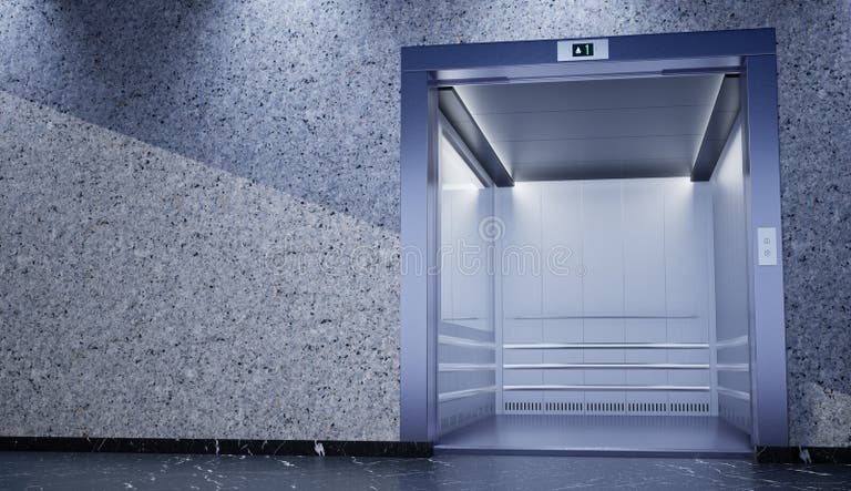 Open Metallic Silver Elevator with Concrete Wall, Inside Elevator Pov ...