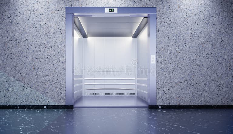 Open Metallic Silver Elevator with Concrete Wall, Inside Elevator Pov ...