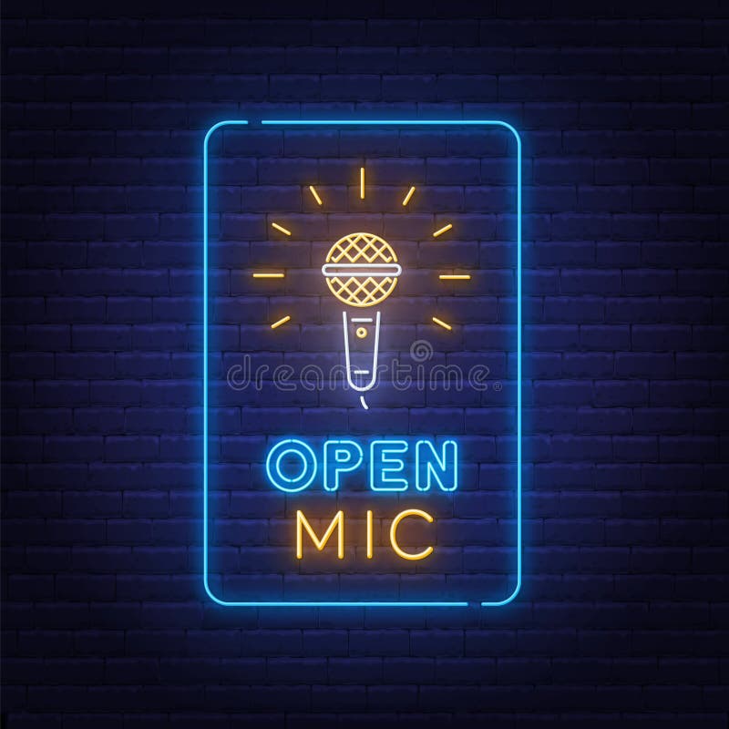Open Mic Neon Sign on Brick Wall Background. Light Logo for a Standup ...
