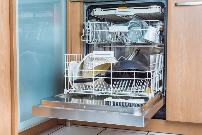 Open Modern Dishwasher with Messy Dishes in the Kitchen Stock Photo ...