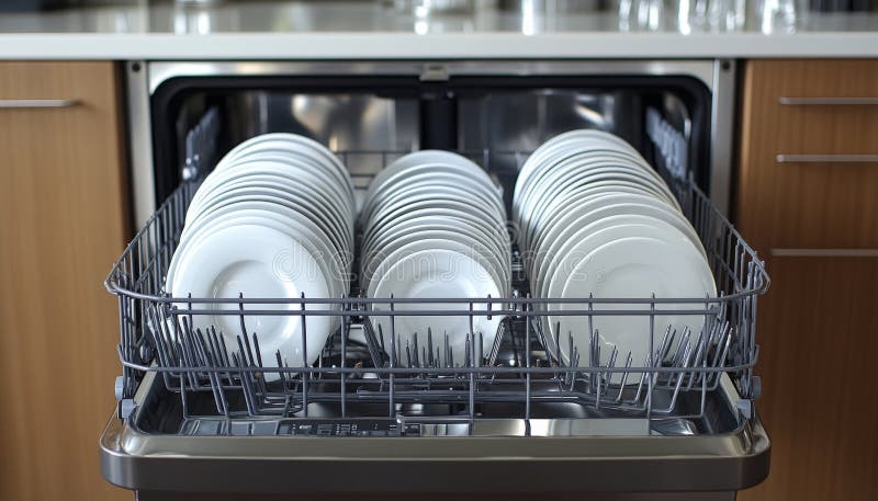 Open Modern Dishwasher with Stacked Clean Dishes after Washing Cycle ...
