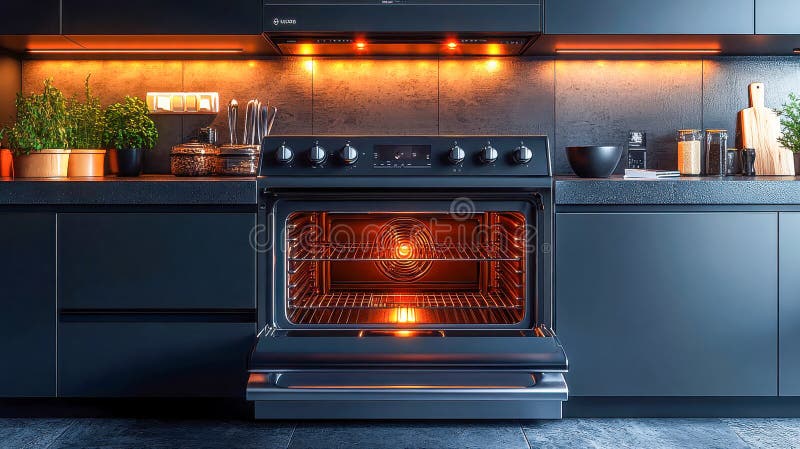 Open Modern Electric Oven with Warm Interior Light in a Sleek Black ...