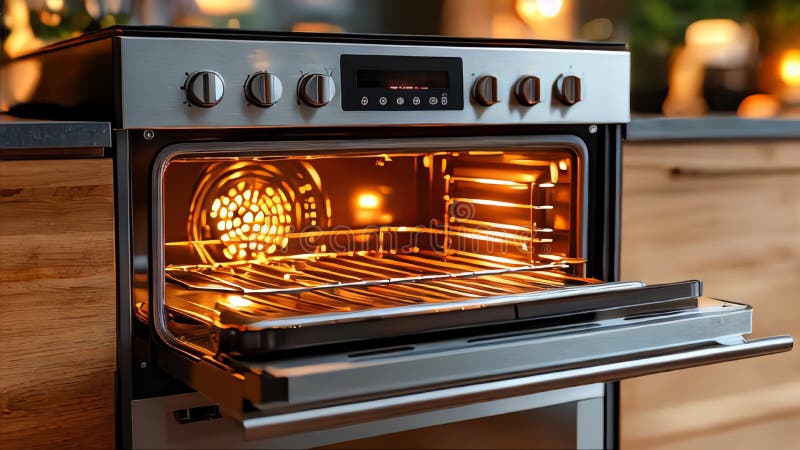 Open Modern Electric Oven with Warm Interior Light in a Sleek Black ...