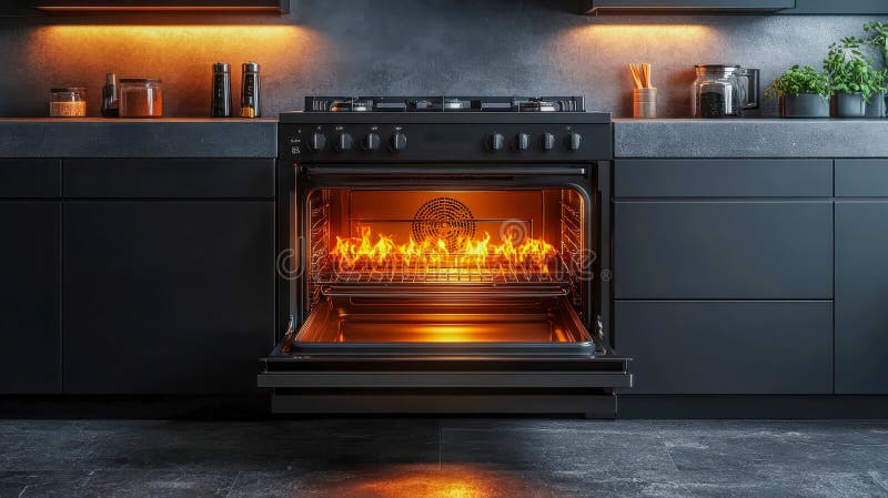Open Modern Electric Oven with Warm Interior Light in a Sleek Black ...