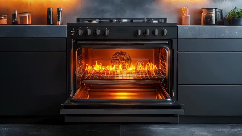 Open Modern Electric Oven with Warm Interior Light in a Sleek Black ...