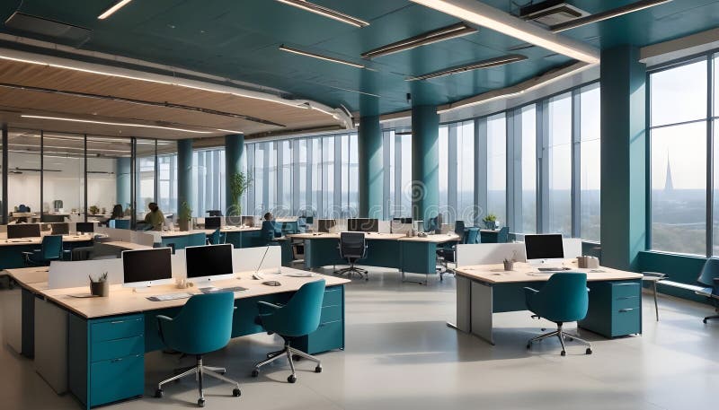 An Open, Modern Office Space with Blue Desks, Chairs, and Large Windows ...