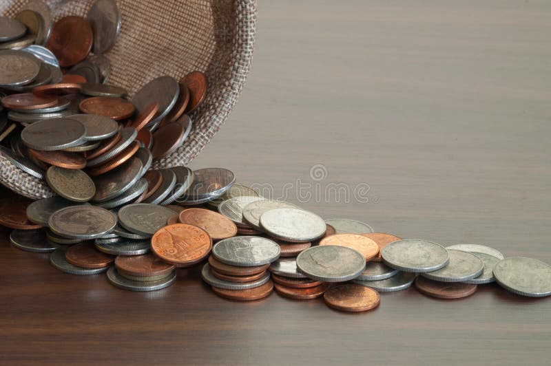 Open Money Bag on Wooden Table,Concept Saving Money Stock Image - Image ...