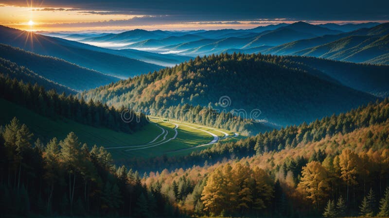 An Open Mountain Landscape with Pine Trees, Grassy Fields, and ...