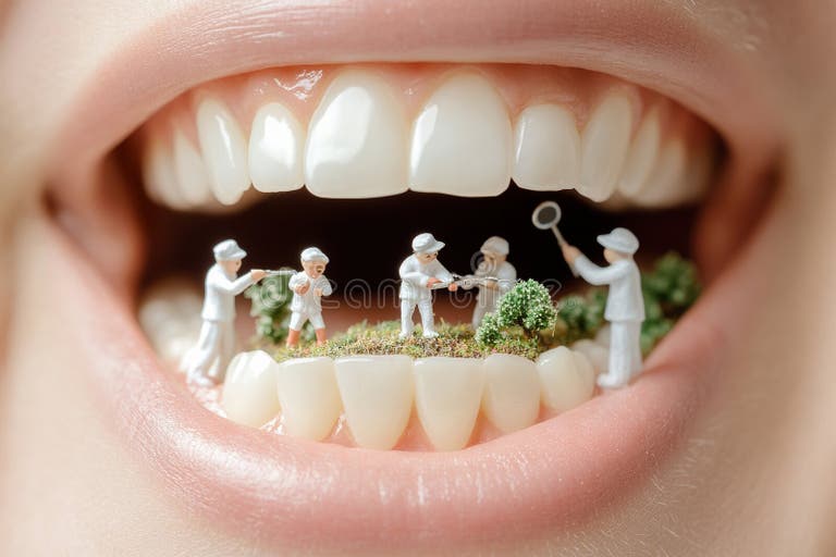 An Open Mouth with Shiny Teeth.in it Small Dentists in White Work on ...