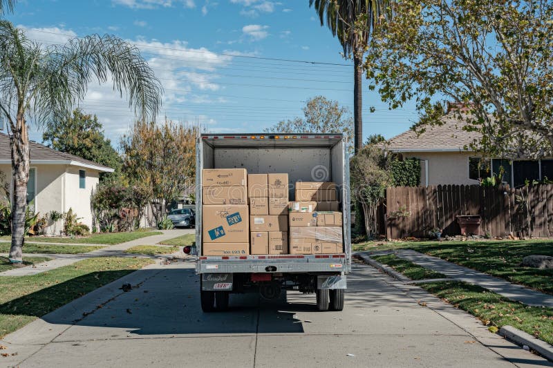 Moving Truck Filled Boxes Delivering Suburban Home Stock Photos - Free ...