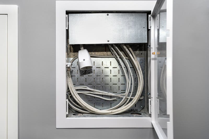 Open Multimedia Box with Antenna, Internet and Power Cables, Placed in ...