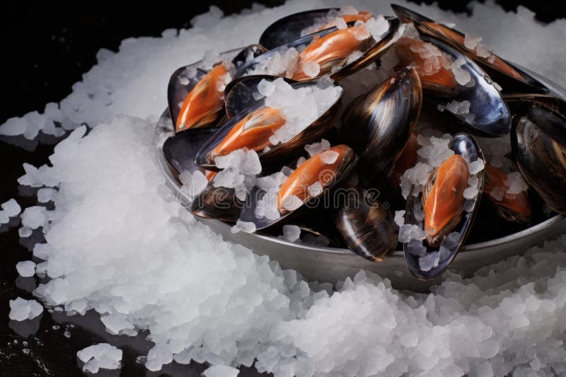 Open Mussels on a Bed of Rock Salt, Ready To Cook Stock Image - Image ...