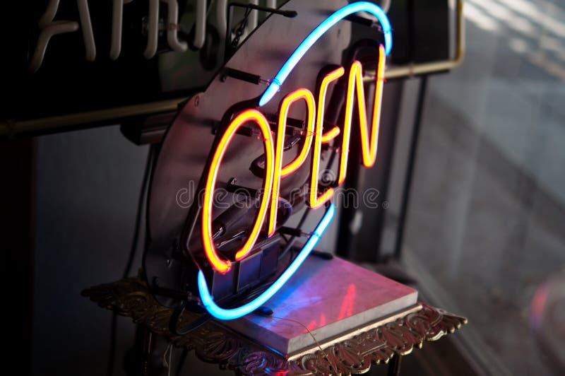 Open Neon Sign in Antique Store Stock Photo - Image of neon, window ...