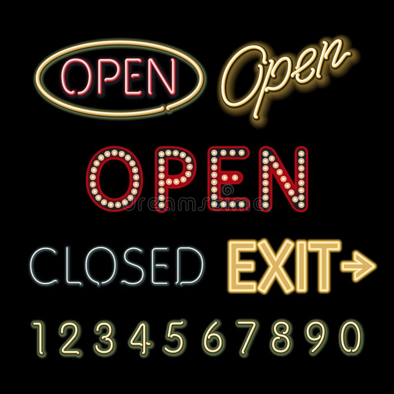 Open Neon Sign Closed Exit Figures Vector Stock Vector - Illustration ...