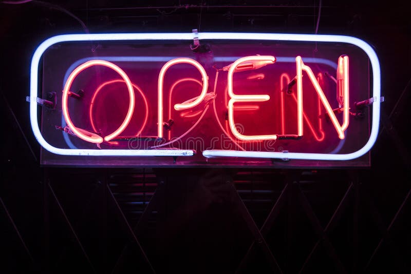 Open neon sign on the door stock image. Image of advertisement - 226113985
