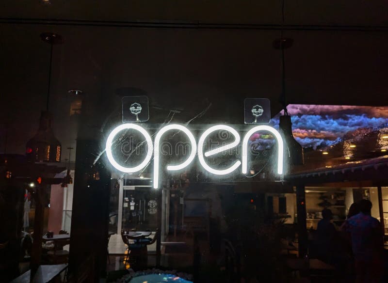 "Open" Neon Sign Hang in a Restaurant Window. Editorial Image - Image ...