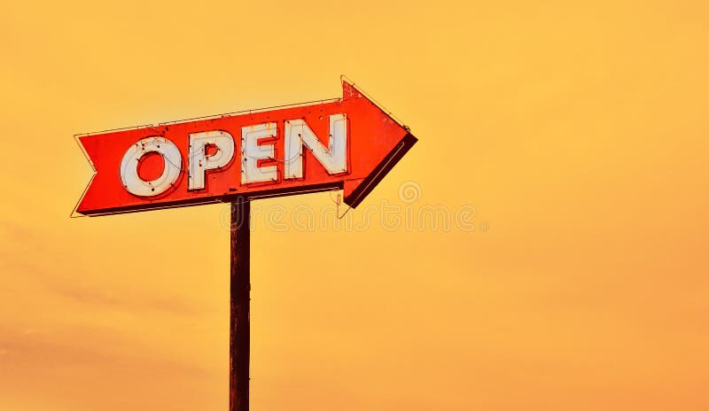 Open neon sign at sunset. stock photo. Image of advertise - 104303488