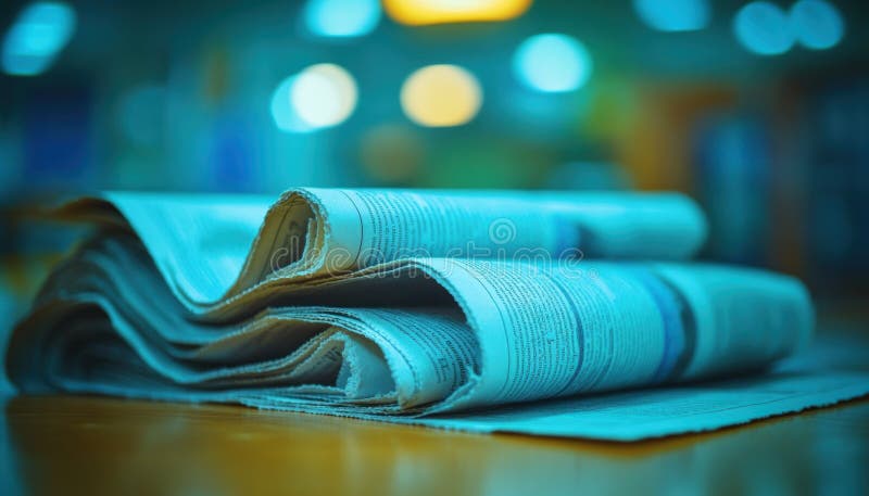 An Open Newspaper Rests on a Wooden Table in a Softly Lit Library ...