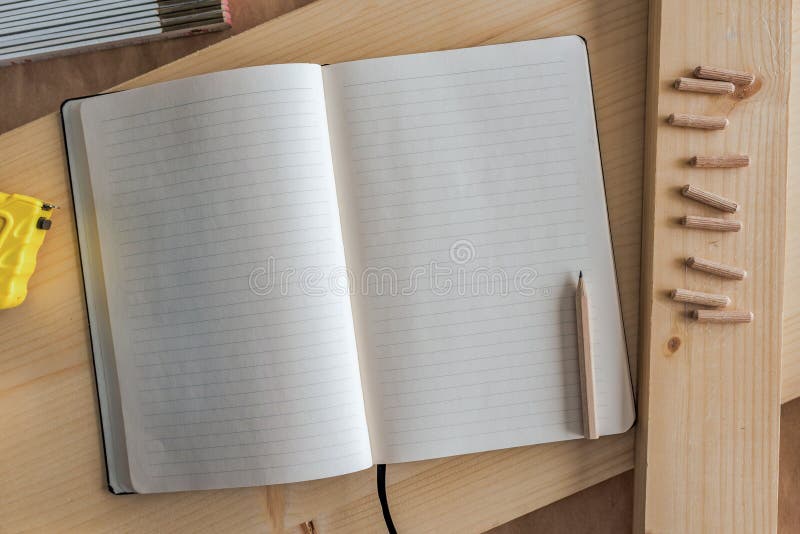 Open Note Book with Blank Pages in Carpentry Workshop Stock Photo ...