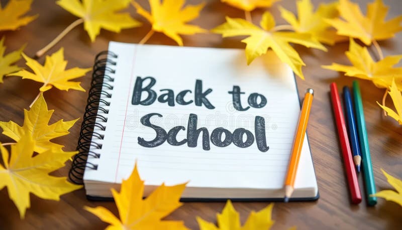 Open Notebook with Back To School Message, Autumn Leaves, and Pencils ...