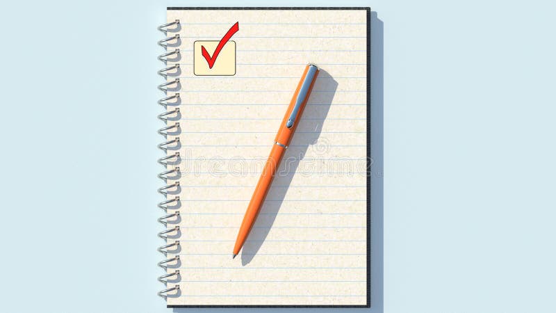 An Open Notebook with a Ballpoint Pen and a Check Mark. 3D Rendering ...