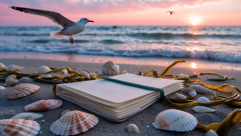 Blank Notebook on Sandy Beach at Sunset with Seashells and Seagull ...
