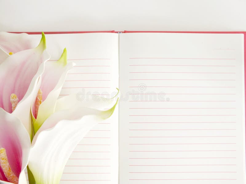 Open Notebook and Beautiful Calla Artificial Pink Flower Bouquet Stock ...