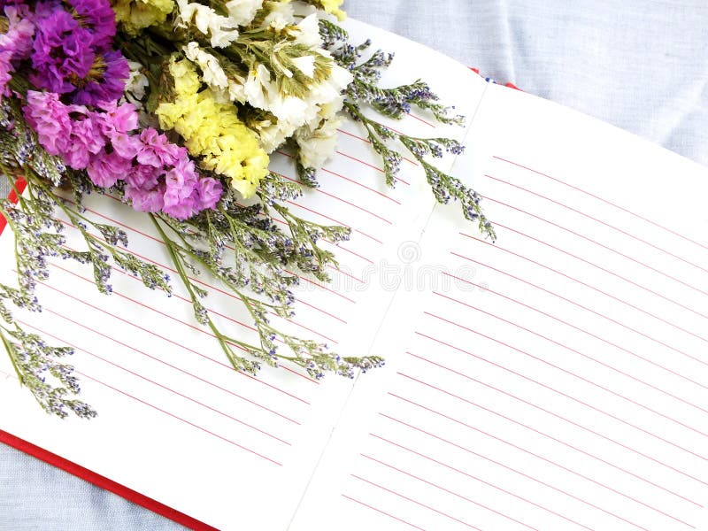 Open Notebook and Beautiful Statice Flowers Bouquet with Space Stock ...