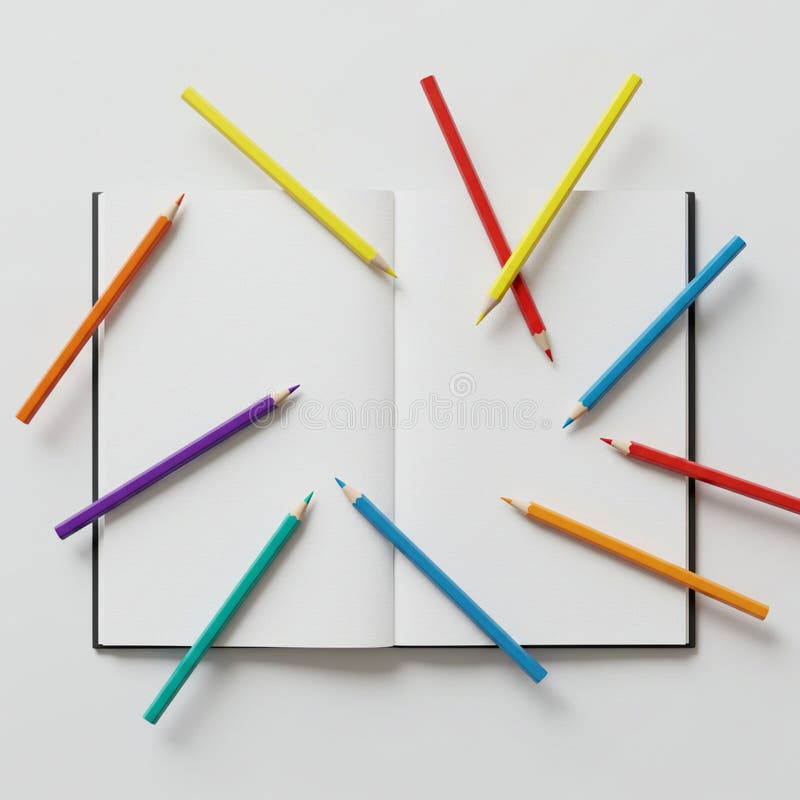 Open Notebook with a Black Spine on a White Surface. Surrounding the ...