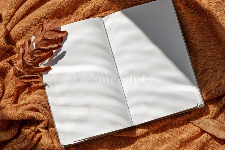 Open Notebook Blank with Empty Sheet Mock Up, Dried Fall Leaf on ...