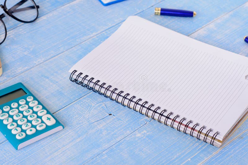 Open Notebook with Blank Pages with Calculator, Pen and Glasses Stock ...