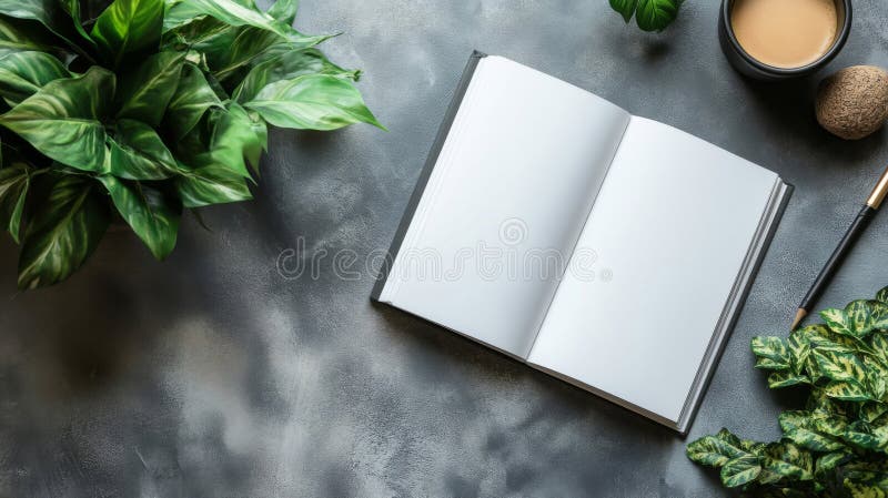 Open Notebook with Blank Pages and Lush Greenery on Grey Desk Stock ...