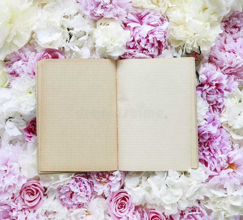 Open Notebook with Blank Pages Lying on Flower Background Stock Image ...
