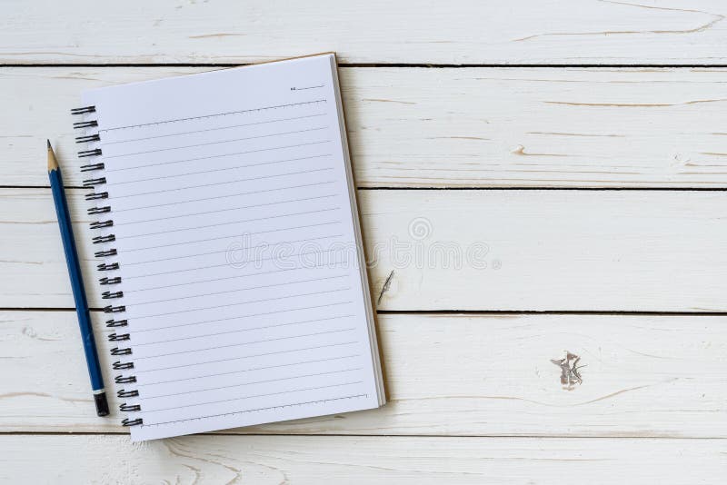 Open Notebook with Blank Pages and Pencil on Wood Table Stock Photo ...