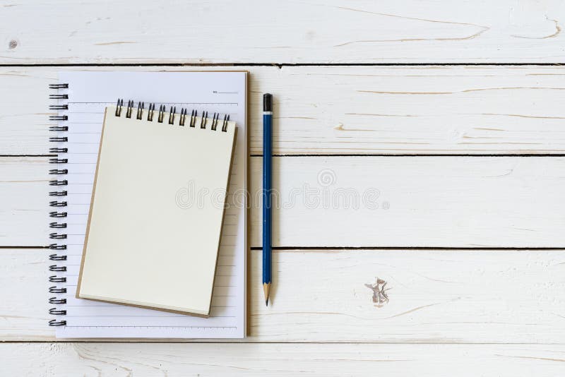 Open Notebook with Blank Pages and Pencil on Wood Table Stock Image ...