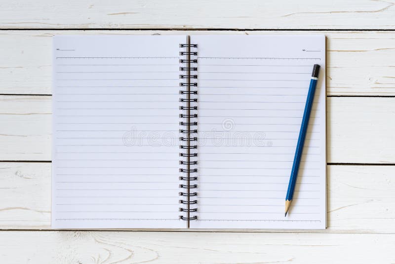 Open Notebook with Blank Pages and Pencil on Wood Table Stock Image ...