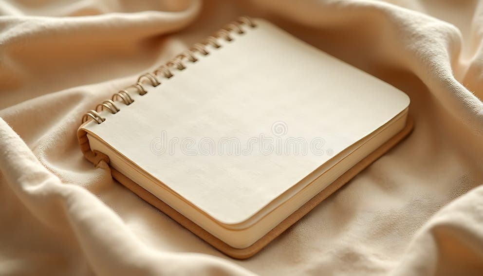Open Notebook with Blank Pages Resting on Beige Fabric Material Stock ...