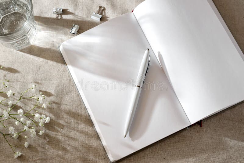 Open Notebook Blank Sheets, Pen and Flowers on Neutral Beige Background ...