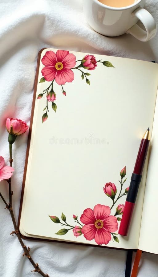 Open Notebook, Calligraphy Pen, Pressed Blooms, Soft Backdrop , Decor ...