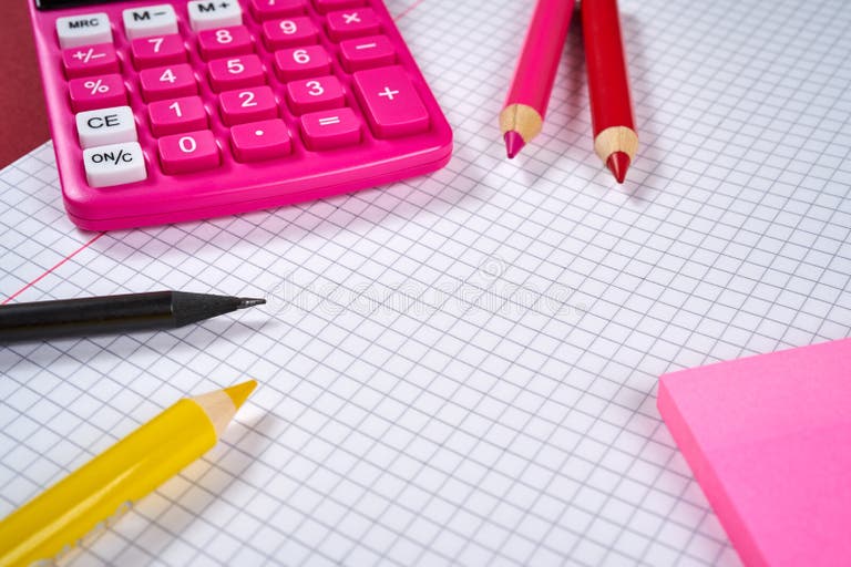 Open Notebook with Checkered Pages and Calculator and Pencil Stock ...