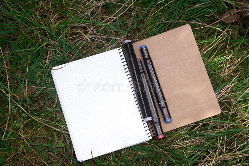 Open Notebook with Checkered Pages and Markers Lie on the Grass, in a ...