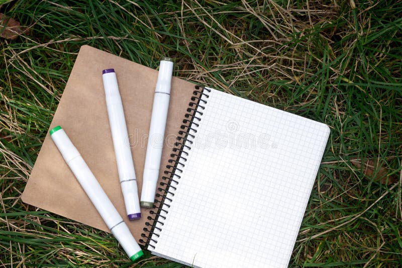 Open Notebook with Checkered Pages and Markers Lie on the Grass, in a ...