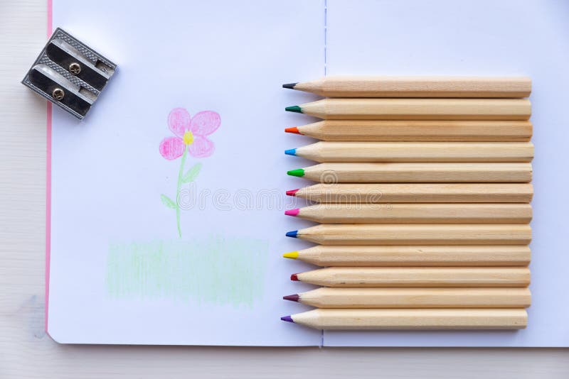 Open Notebook, with Colored Crayons and Drawing Stock Image - Image of ...
