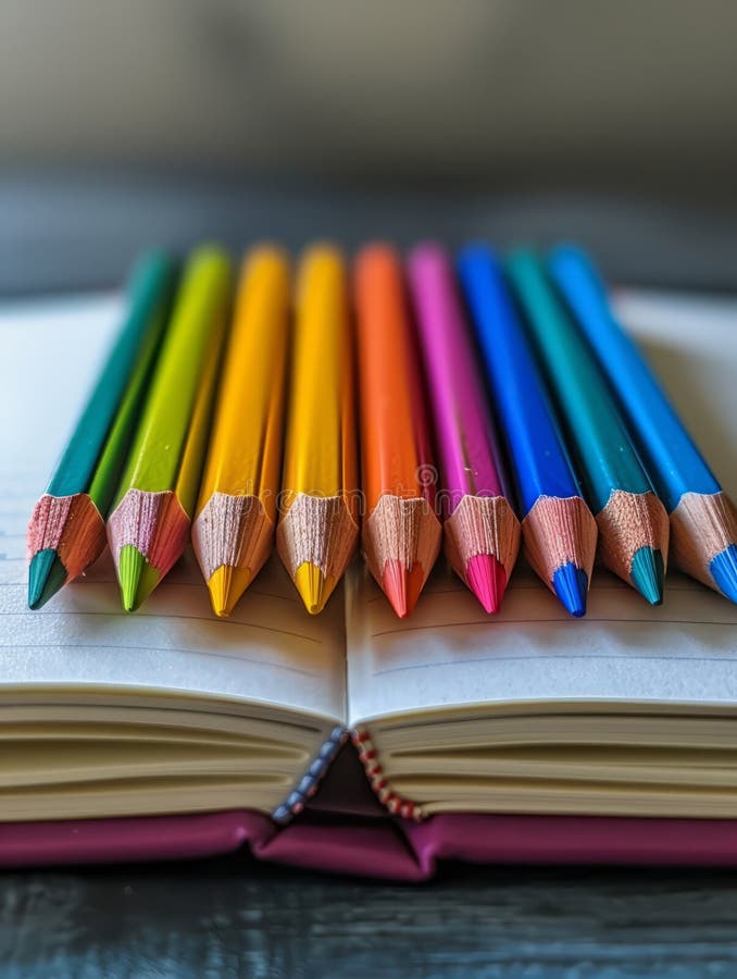 Open Notebook with Colorful Colored Pencils Neatly Arranged. Stock ...